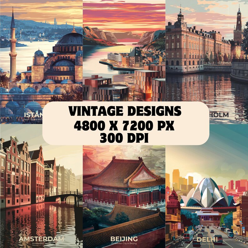 45 Digital Download Posters of World Capitals, Retro Vintage Travel Art ...