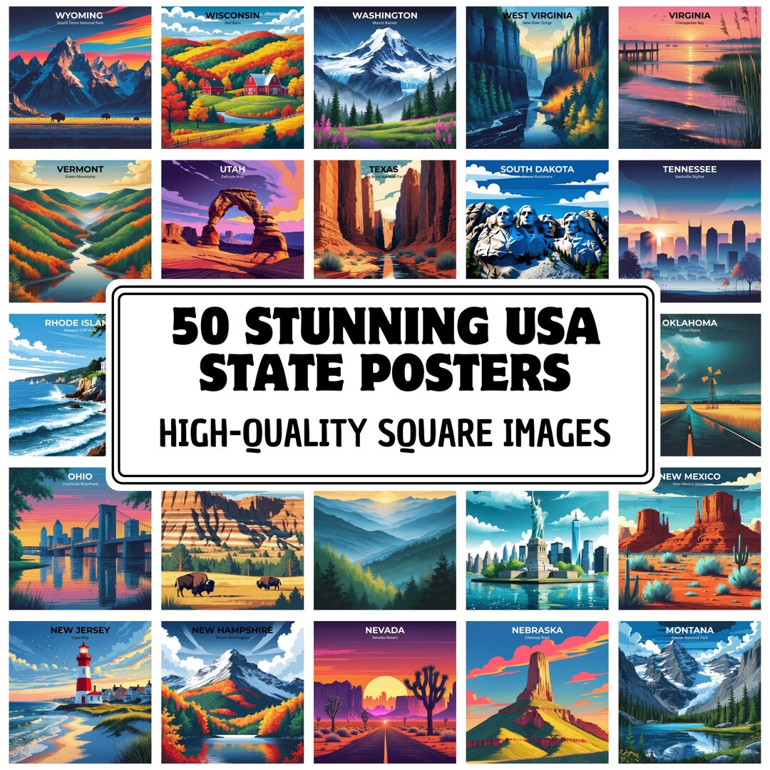 50 U.S. States Vector Art, Square 1:1 Printable Wall Art, USA States ...
