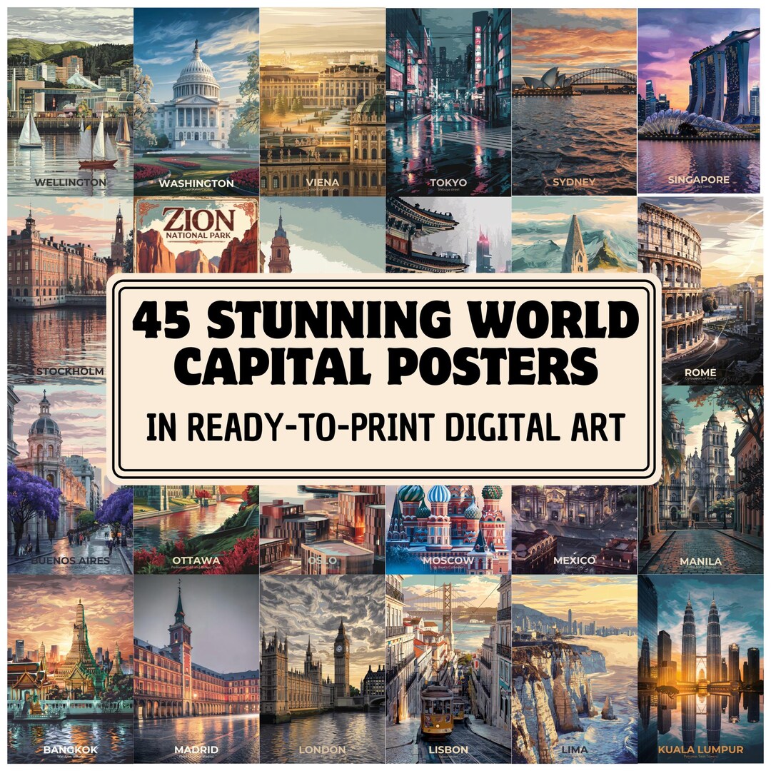 45 Digital Download Posters of World Capitals, Retro Vintage Travel Art ...