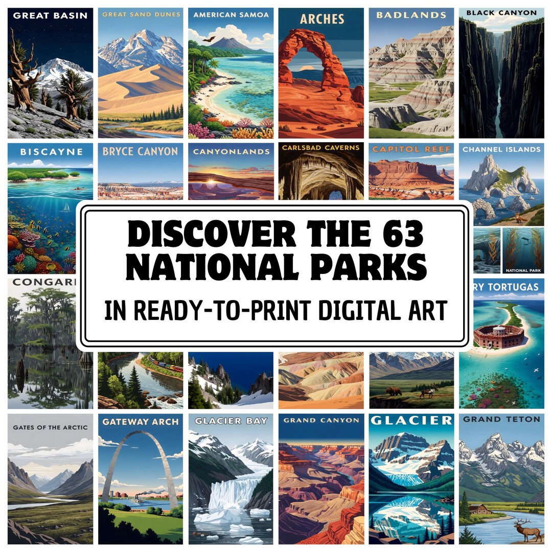 63 National Parks Poster Bundle, WPA Style Vintage Prints, USA Travel ...