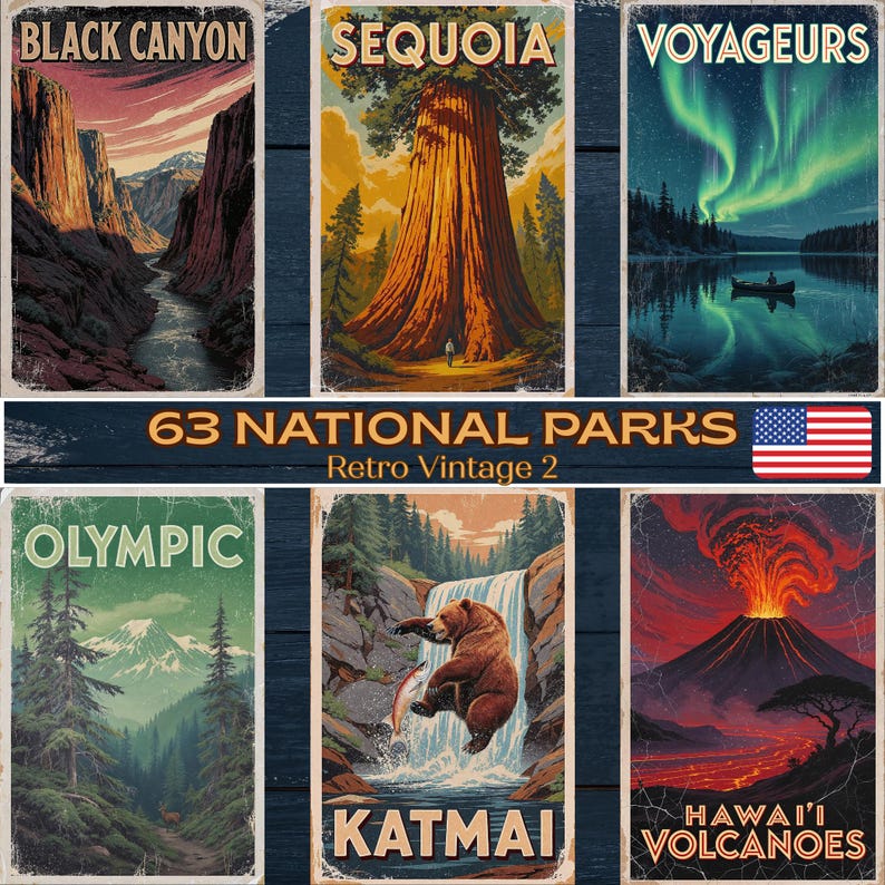 63 National Parks in the USA, Retro Vintage Poster Bundle, National ...