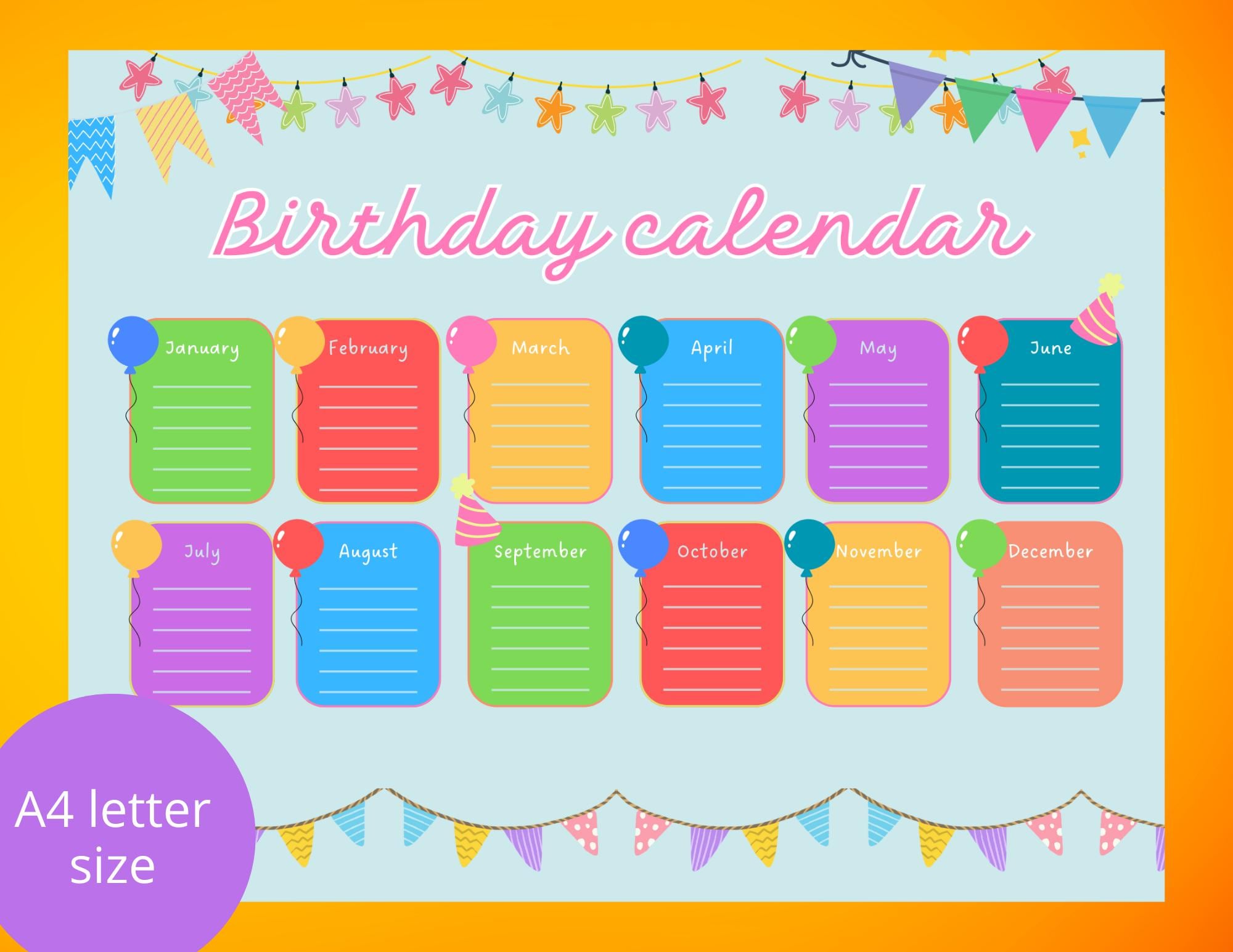 Editable Birthday Calendar Printable Template for Kids and Families ...