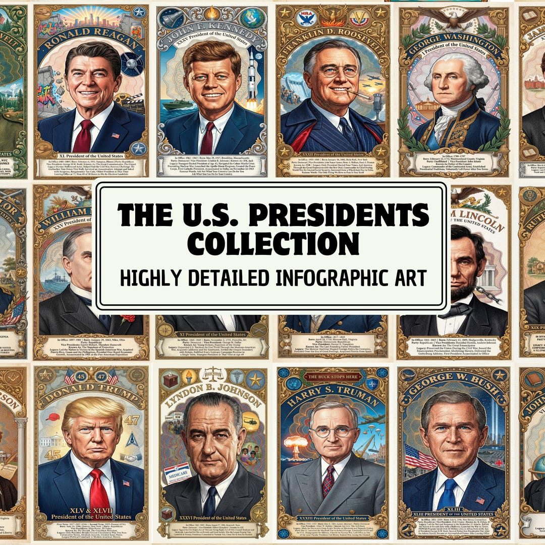 47 US Presidents Poster Set, Complete American History Infographic ...