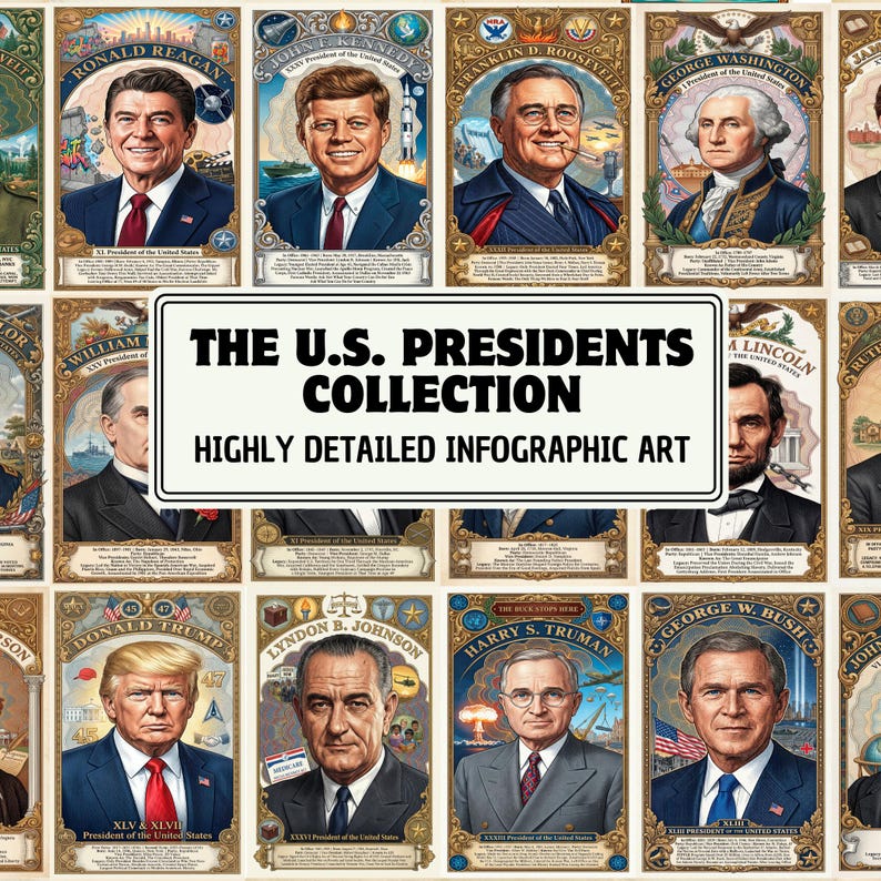47 US Presidents Poster Set, Complete American History Infographic ...