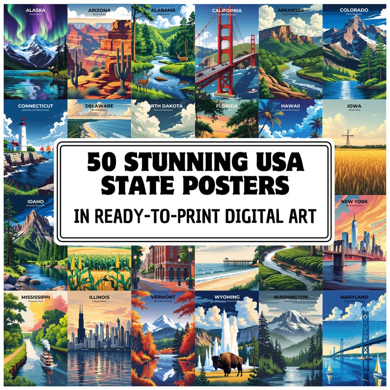 50 Stunning USA State Posters, Modern Vector Art, Digital Download ...