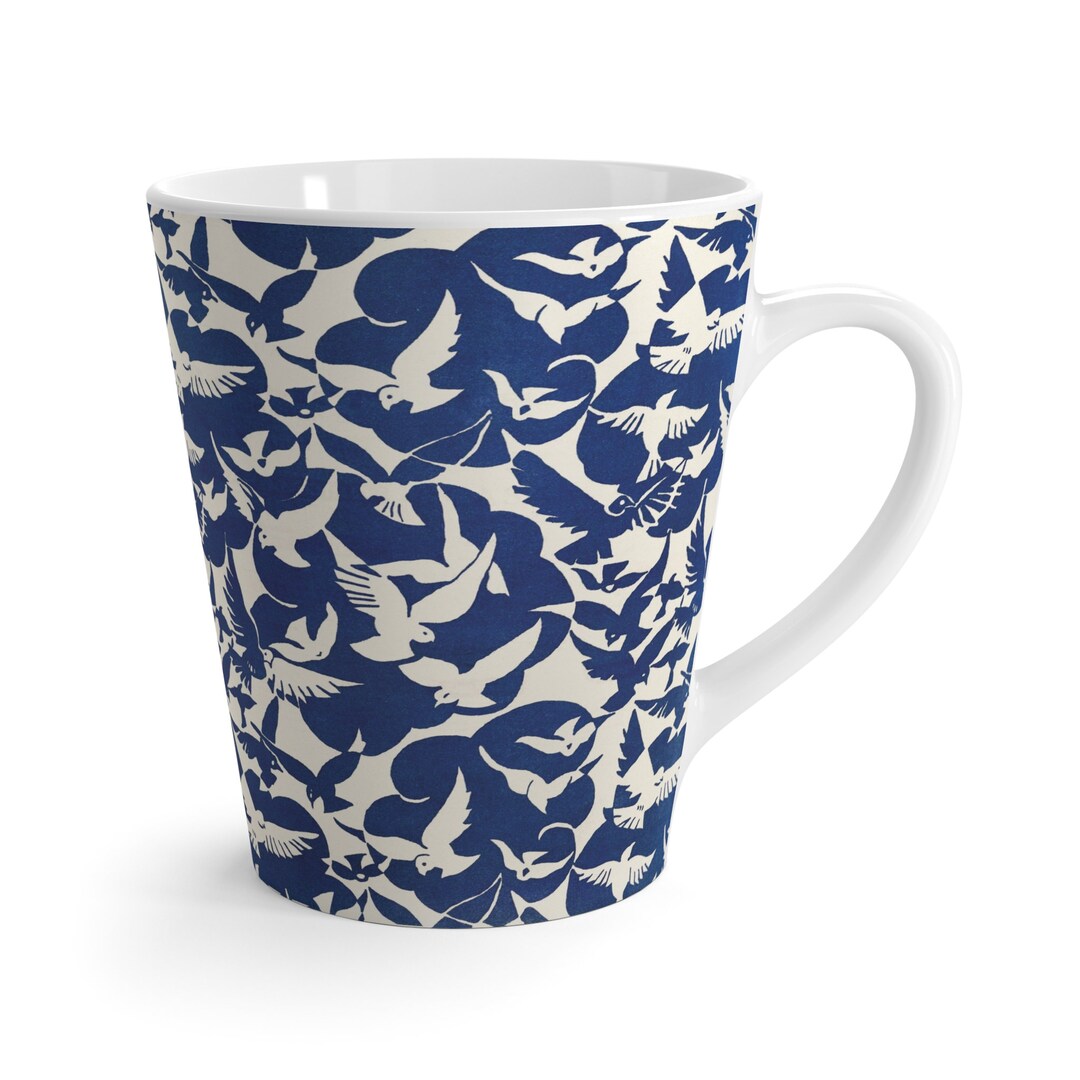 Pigeons Latte Mug 12oz, Aesthetic Blue and White Coffee Cup, Vintage ...