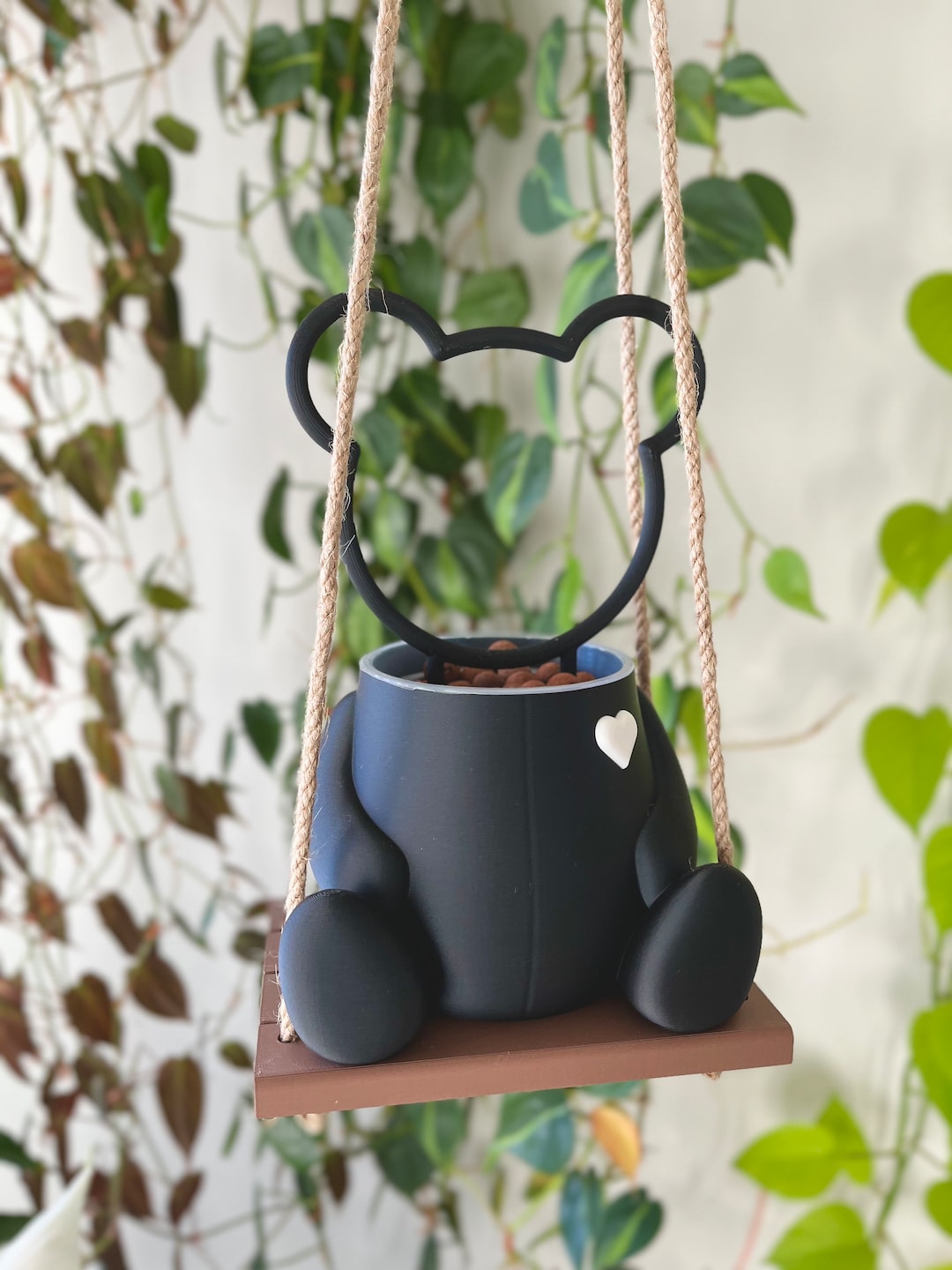 Black Bear Swing Planter With Heart Gift for Valentine's Day Plant Pots ...