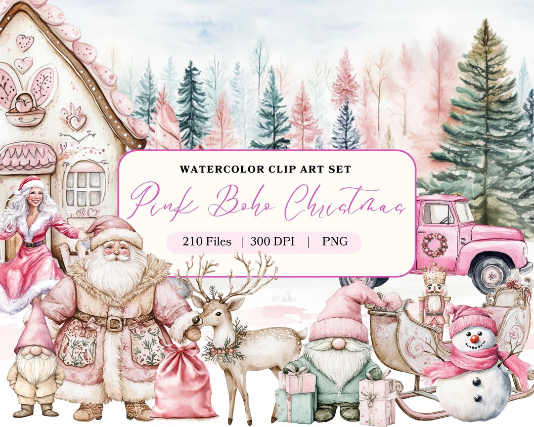 Bohemian Pink Christmas Clipart Bundle, Watercolor Clipart for ...