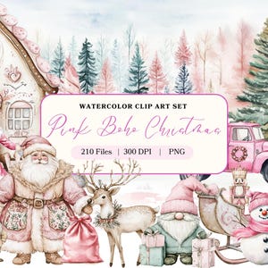 Bohemian Pink Christmas Clipart Bundle, Watercolor Clipart for ...