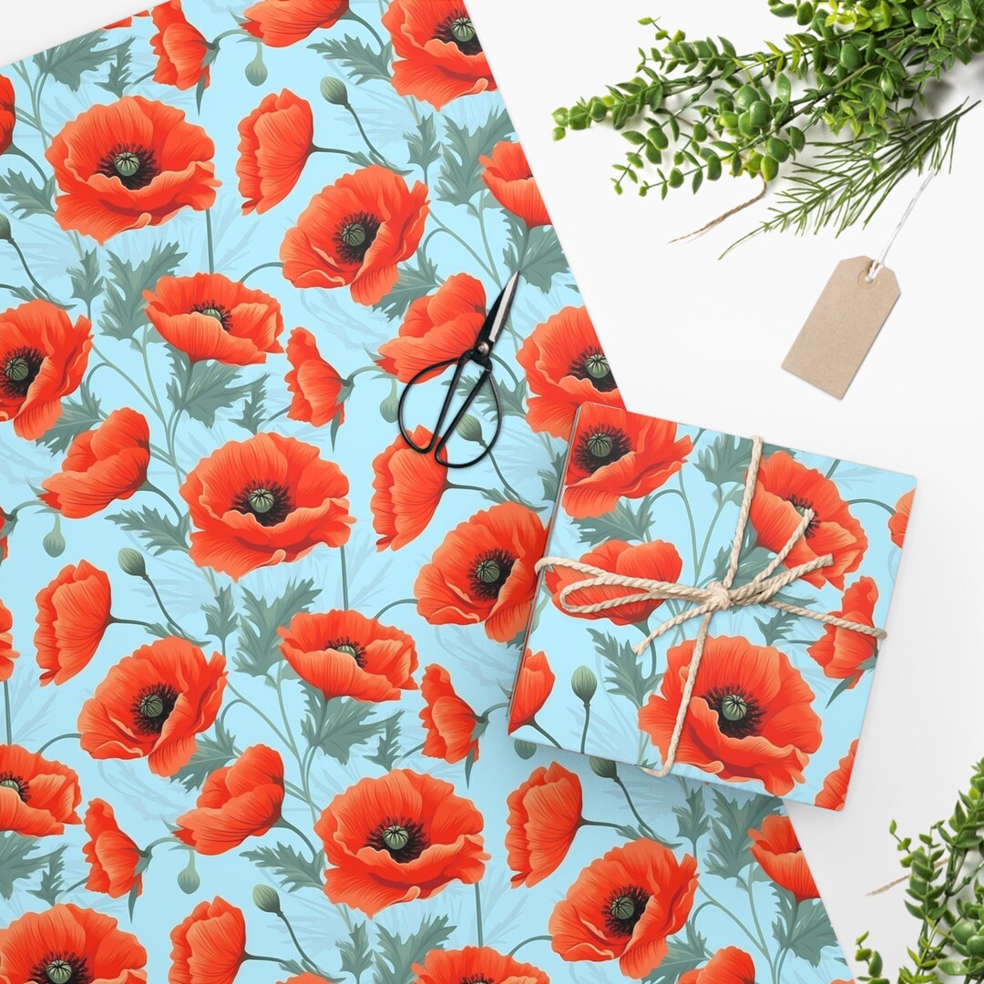 Wrapping Paper, Red Poppy Flowers on Light Blue - Etsy