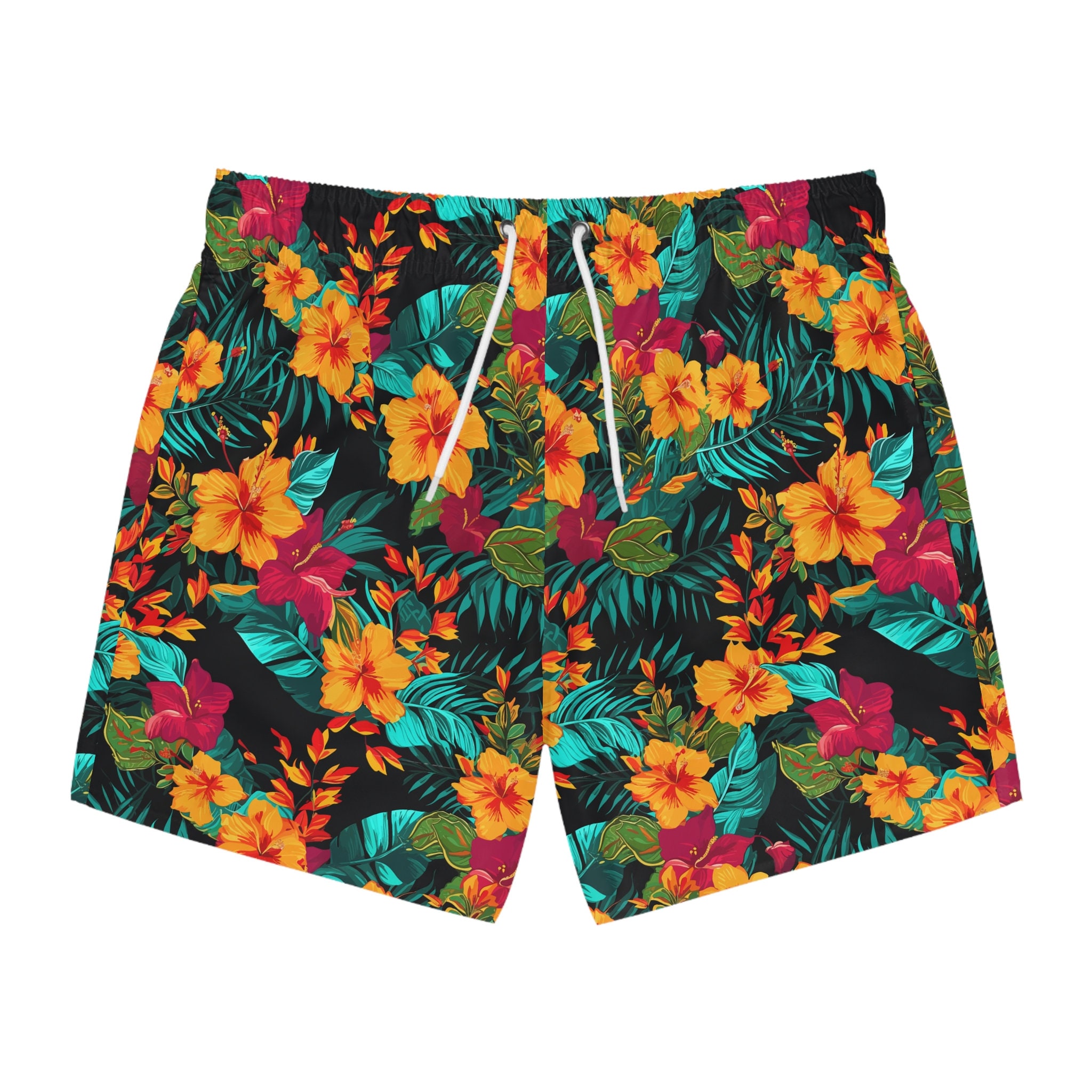 Swim Trunks AOP, Hawaiian Floral on Black - Etsy