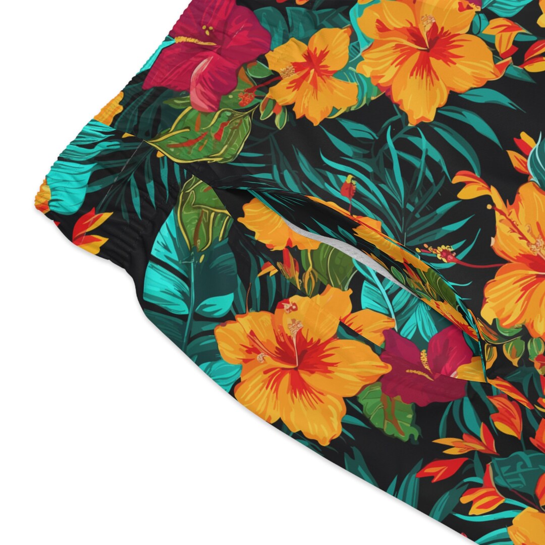 Swim Trunks (AOP), Hawaiian Floral on Black - Etsy