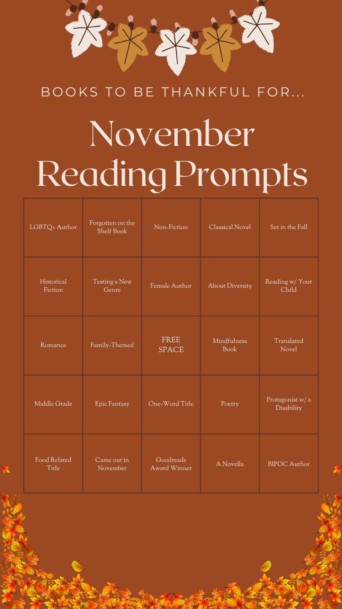 November Book Prompts, Fall Reading, Book Bingo, Instant Download ...