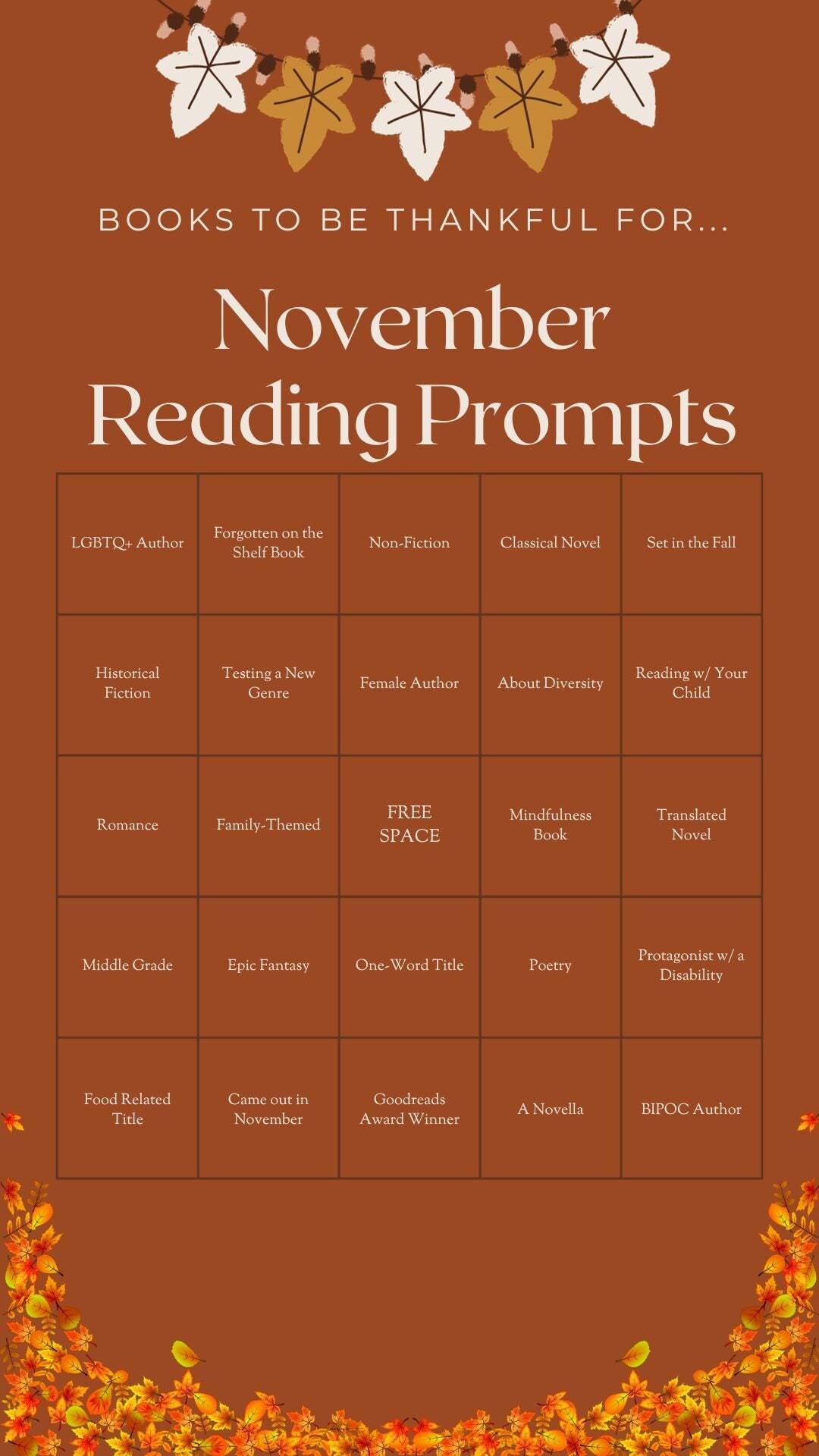 November Book Prompts, Fall Reading, Book Bingo, Instant Download ...