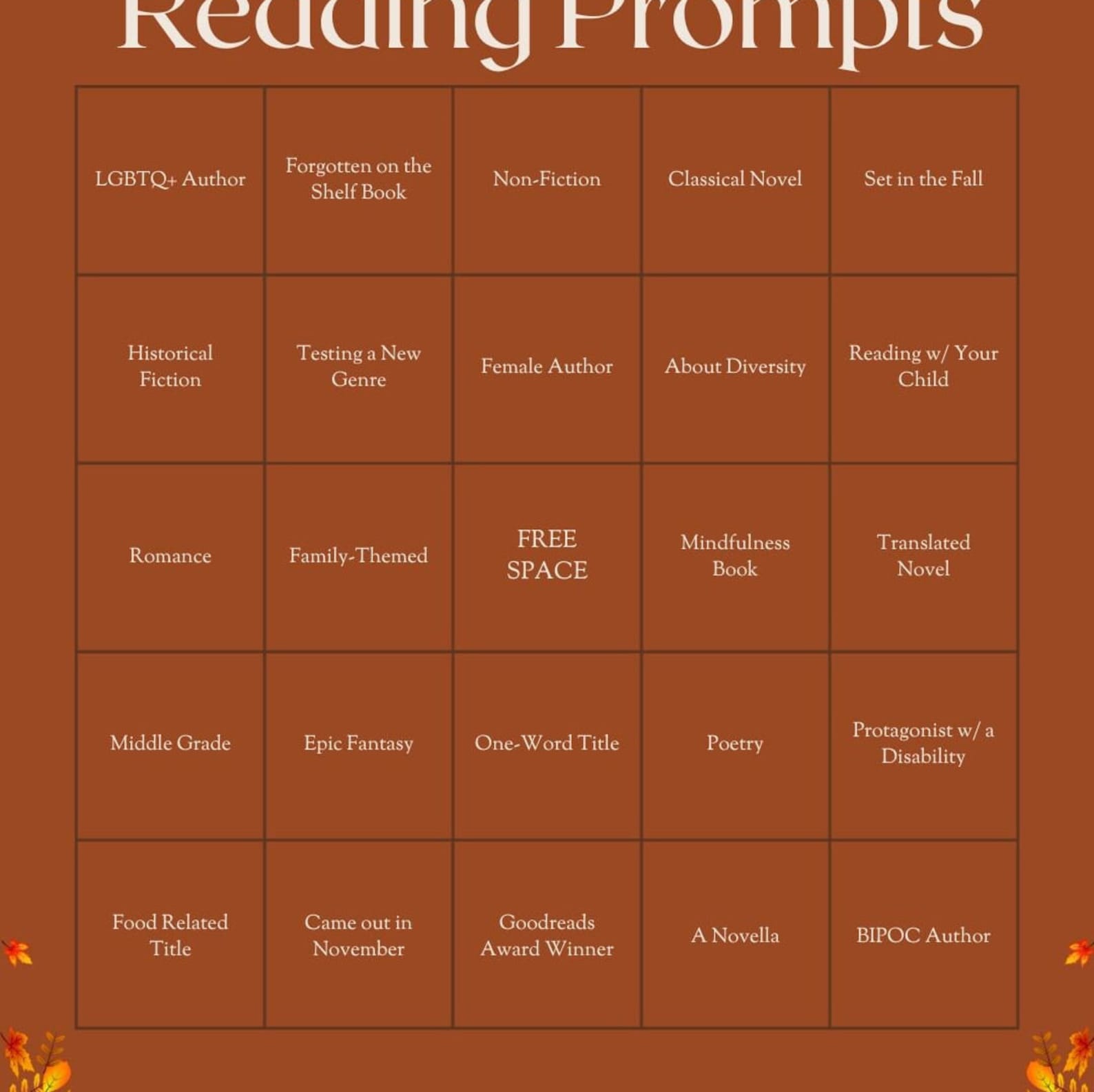 November Book Prompts, Fall Reading, Book Bingo, Instant Download ...
