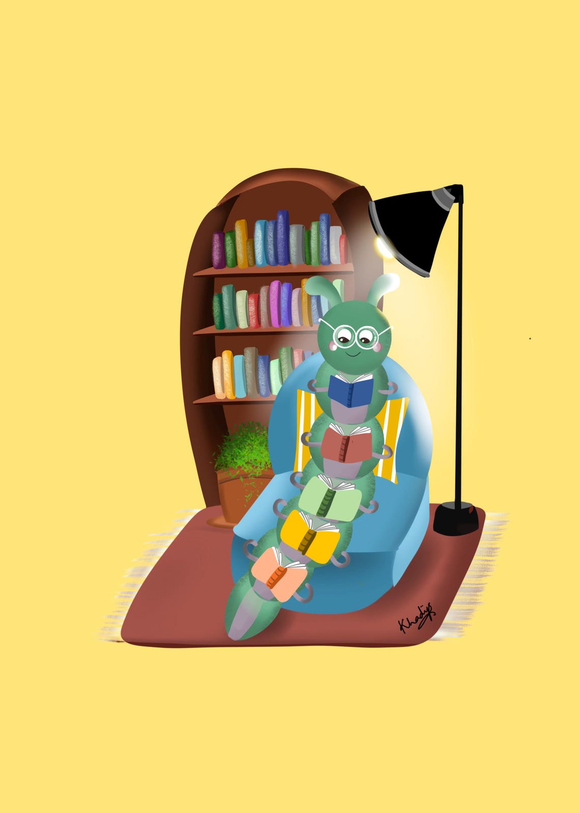 Bookworm Bliss -whimsical Digital Art Print | Cartoon Caterpillar Reading | Digital File for ...