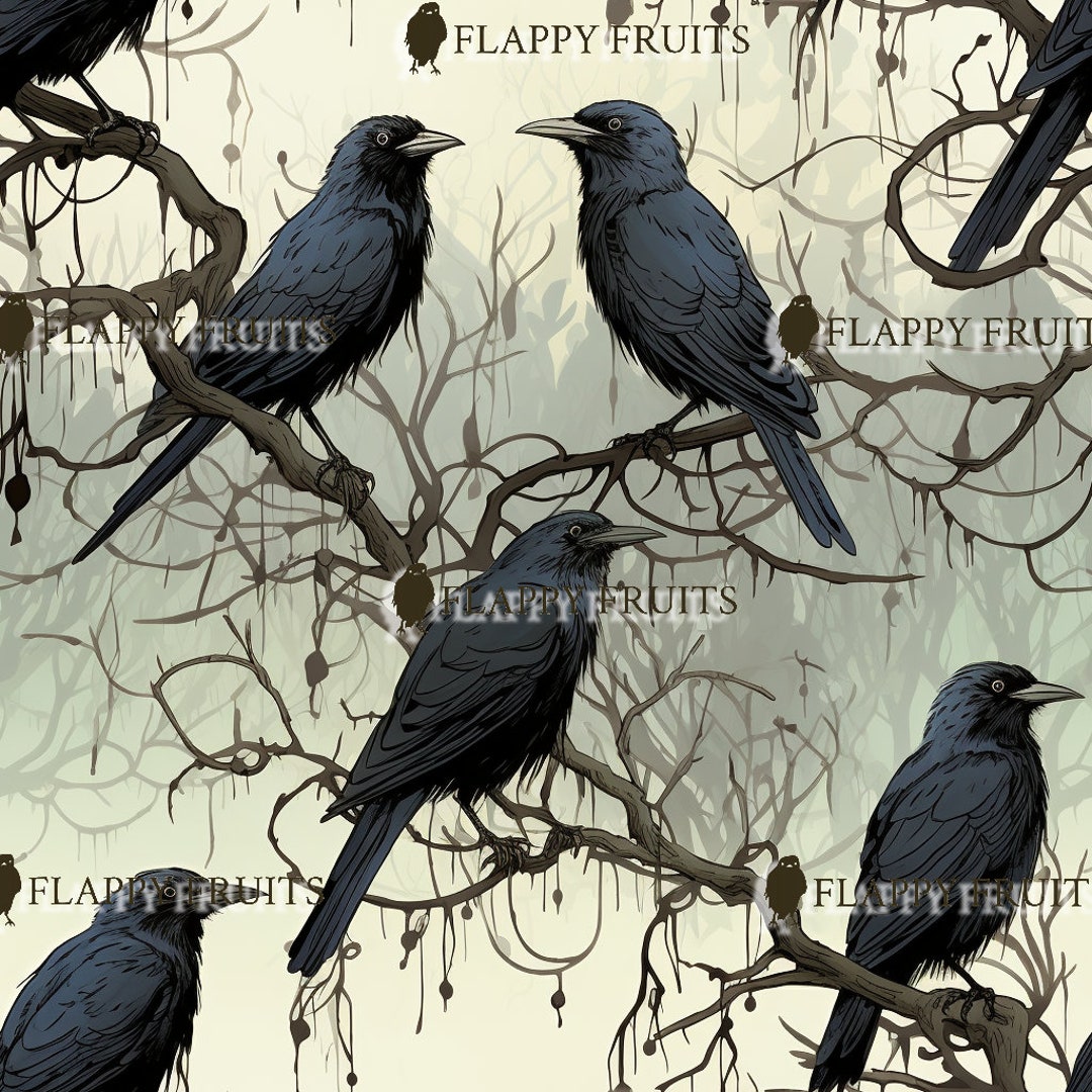 Digital Paper Illustrated Creepy Crows Perching Seamless Tessellate ...