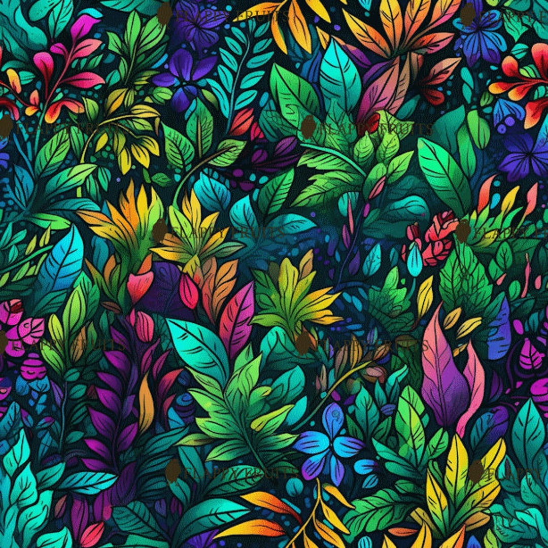 Digital Vibrant Jungle Leaves Paper Fantasy Seamless Tileable ...
