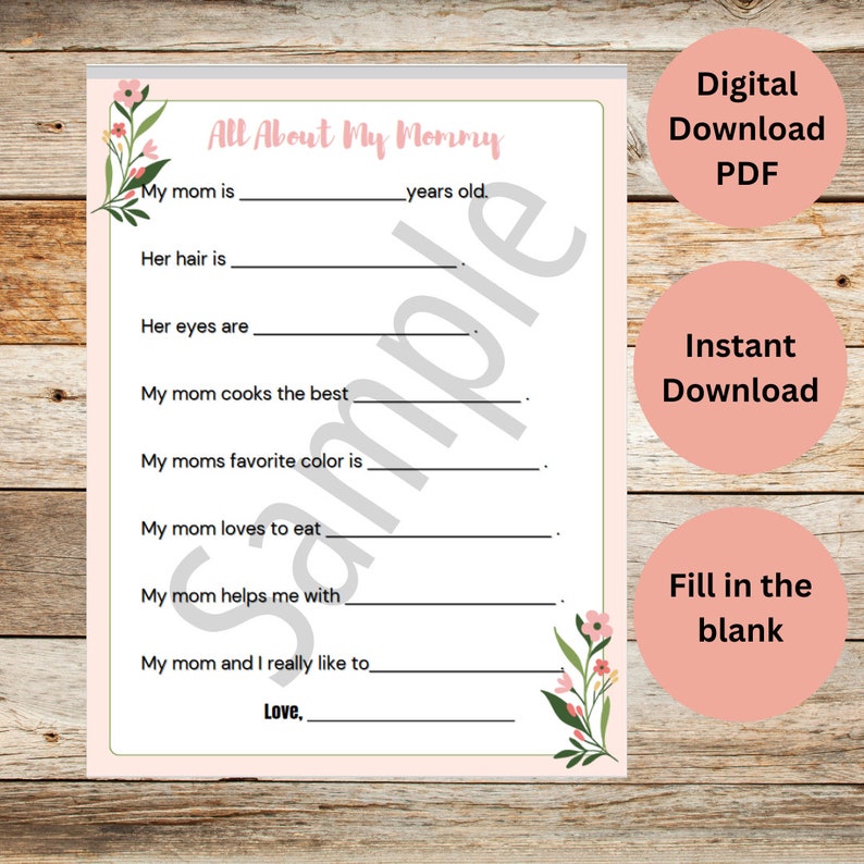 All About My Mommy, Mother's Day Questionnaire, Printable, - Etsy