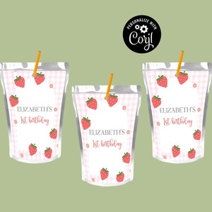 Editable Pink Gingham Berry First Birthday Capri Sun Template Berry ...