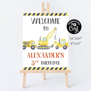 Editable Modern Construction Birthday Welcome Sign Dump Trucks Party ...