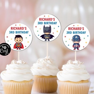 Editable Superheroes Birthday Cupcake Toppers Template Printable ...