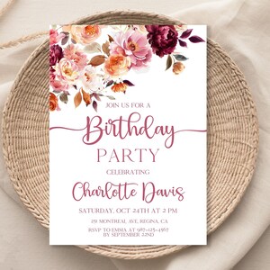 Fall Floral Birthday Party Invitation Boho Autumn Birthday Invite ...