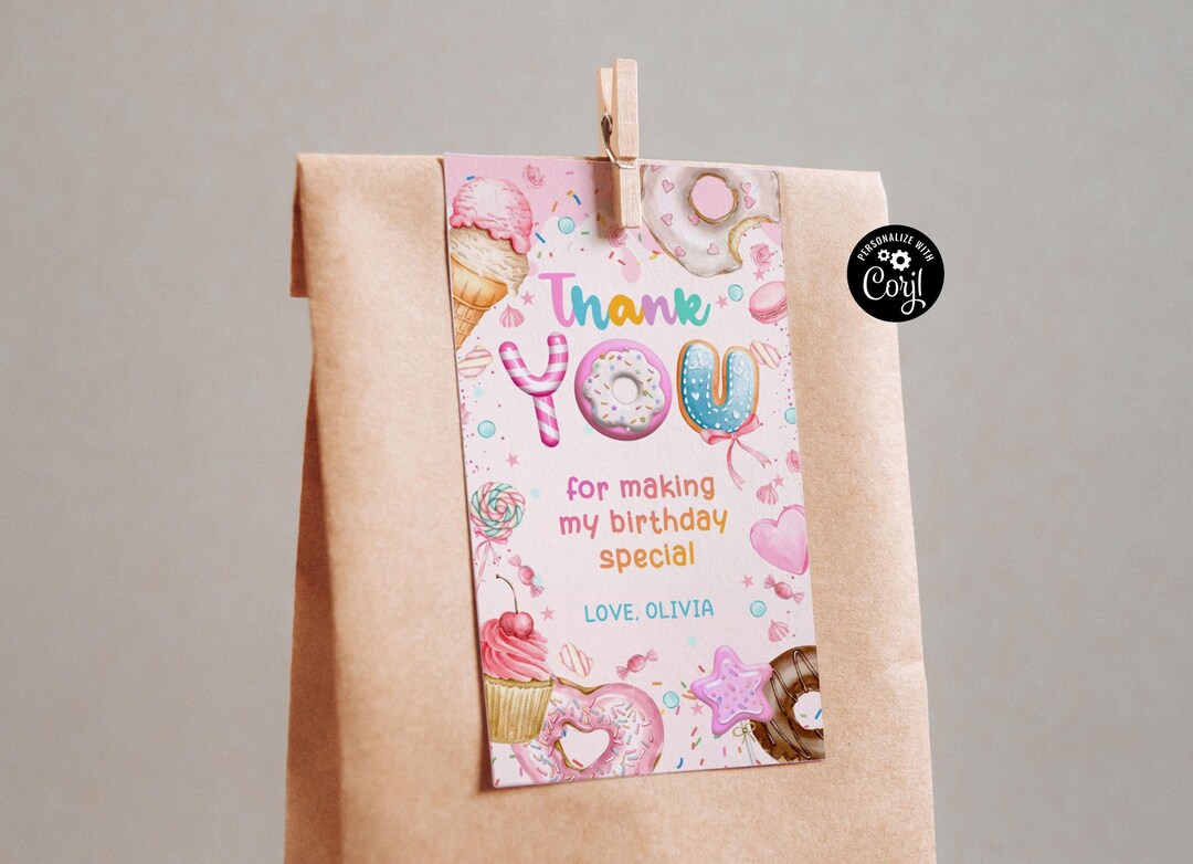 Sweet Birthday Thank You Tag Editable Sweet Party Gift Tag Sweet ...