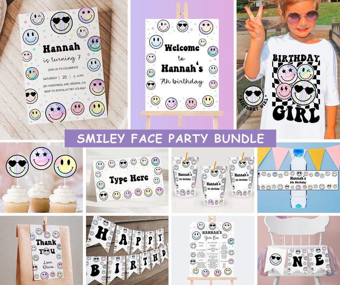 Editable Pastel Smiley Face Birthday Bundle Template Girl Rainbow Emoji ...
