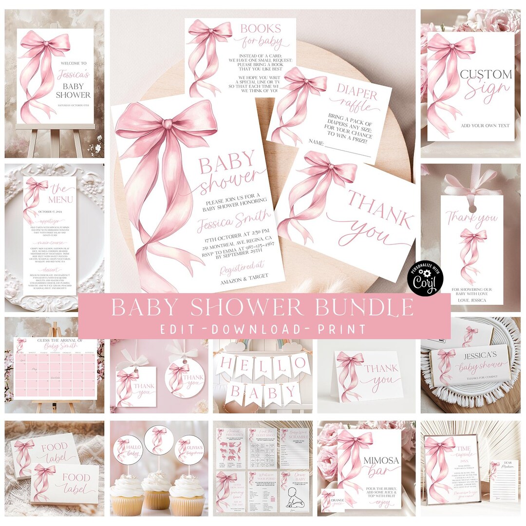 Pink Bow Baby Shower Bundle Baby Girl Pink Coquette Pink Baby Shower ...