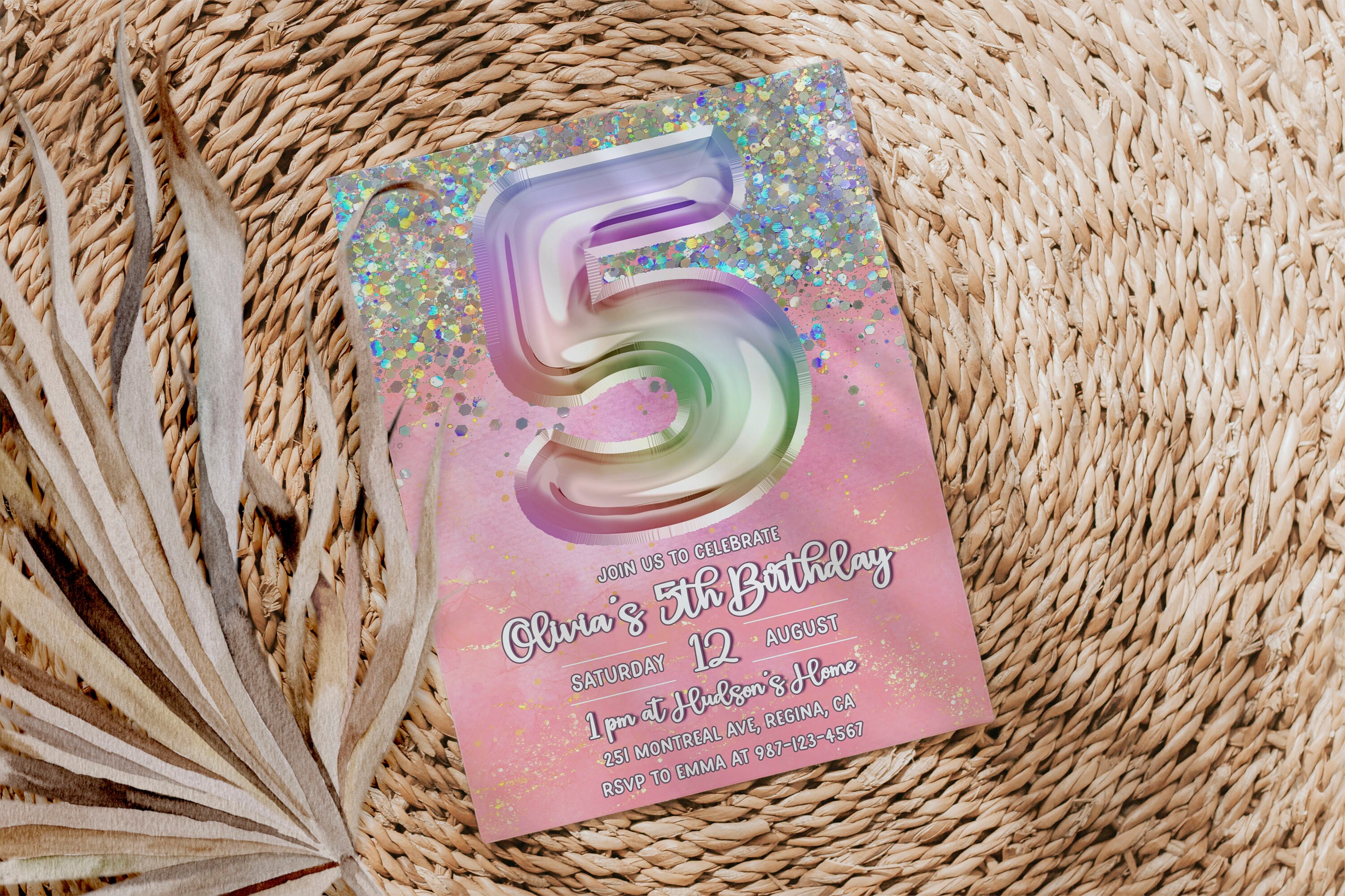 Editable Pink 5th Birthday Invitation Template Glitter Birthday Party ...