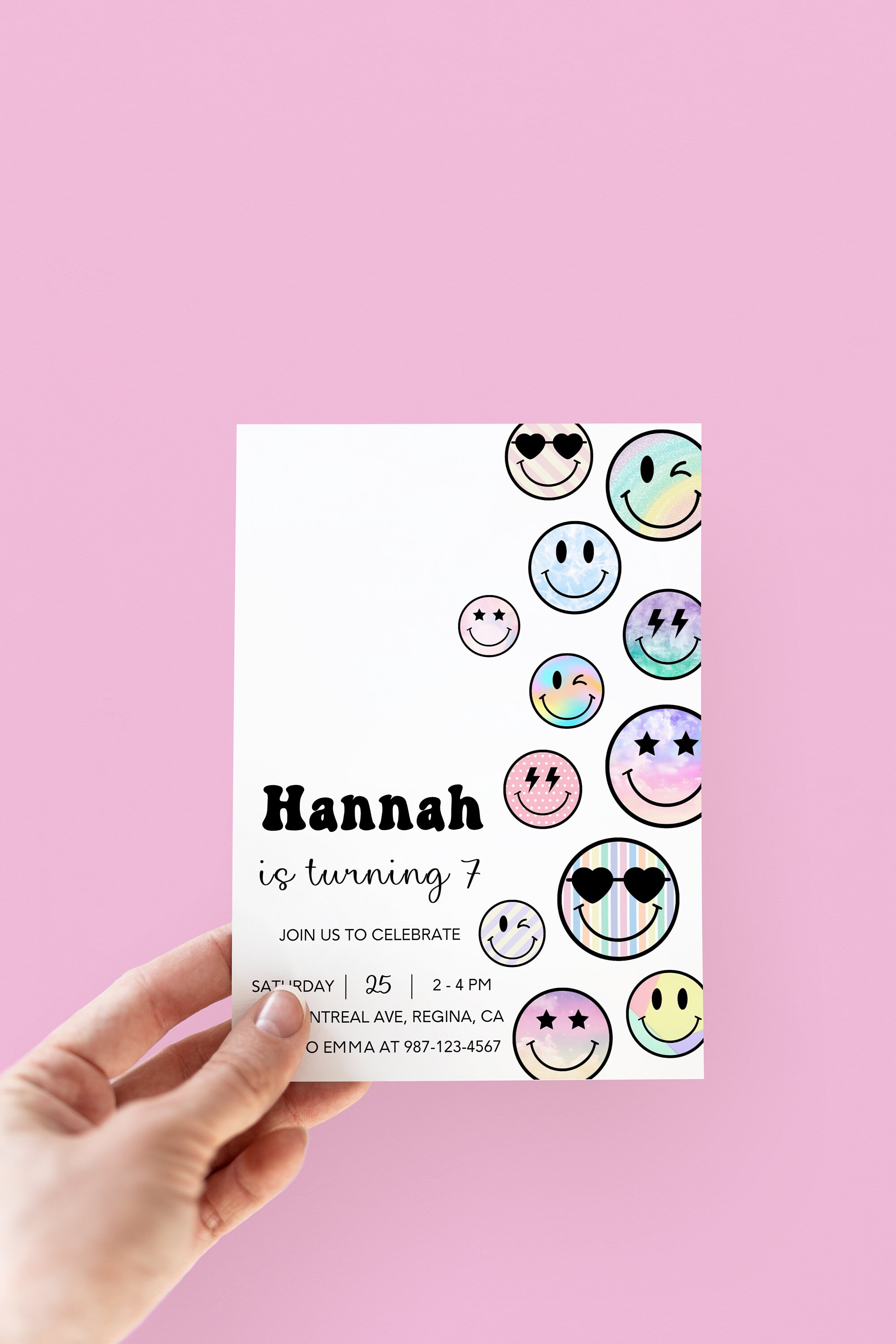 Editable Pastel Smiley Face Birthday Invitation Template Girl's Rainbow ...