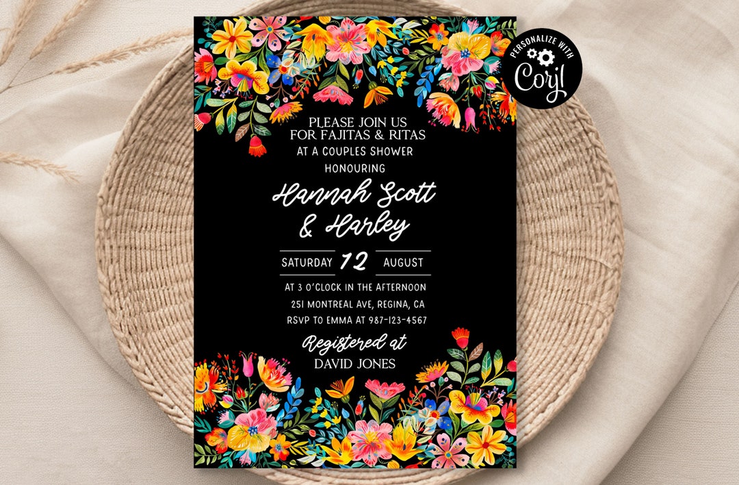 Editable Mexican Floral Party Invitations Bold Colors With Black ...