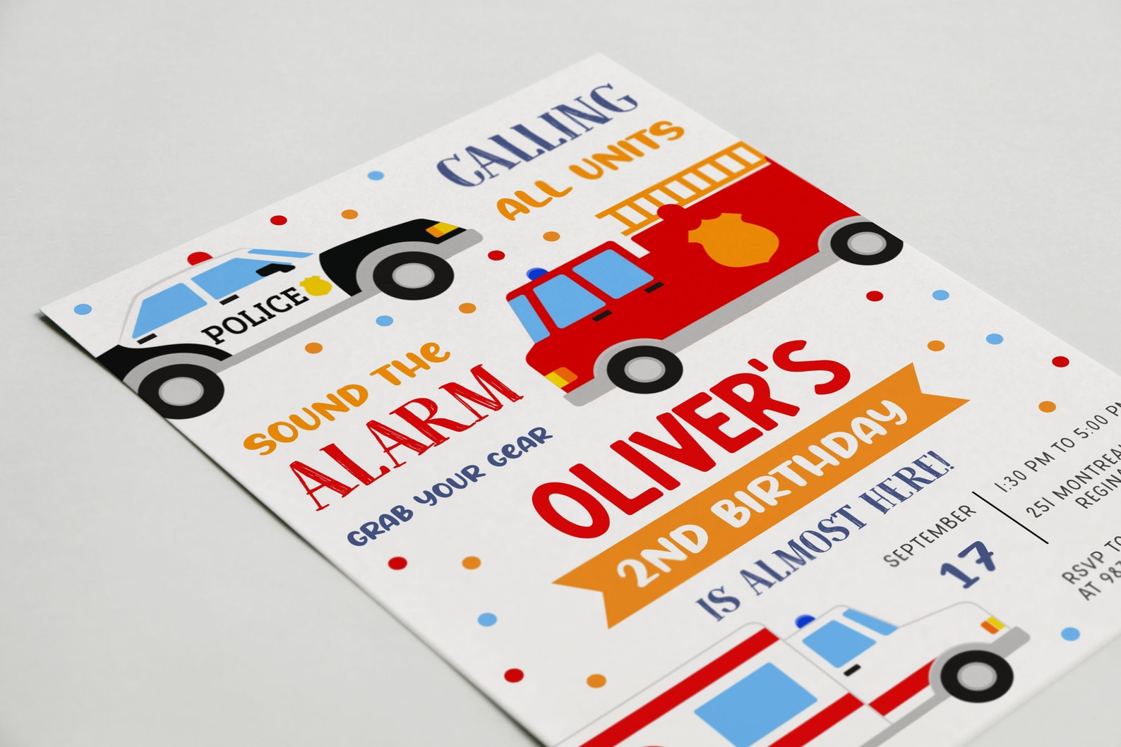 Editable Emergency Vehicles Birthday Invitation First Responders Party ...