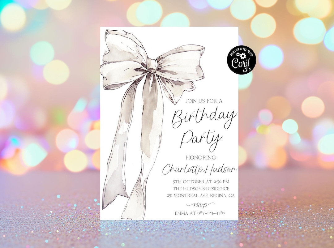 White Bow Birthday Invitation Template Minimalist White Bow Birthday ...