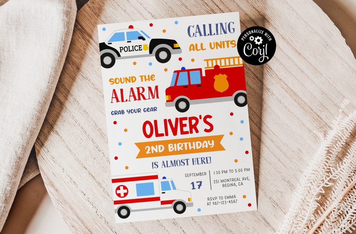 Editable Emergency Vehicles Birthday Invitation First Responders Party ...