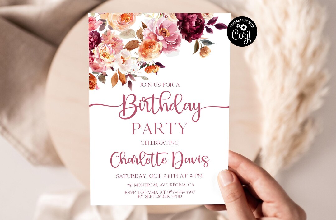 Fall Floral Birthday Party Invitation Boho Autumn Birthday Invite ...