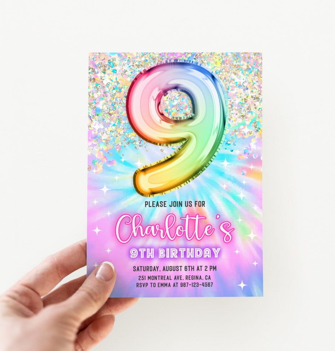 Glow 9th Birthday Invitation Template Glitter Birthday Party Invite ...