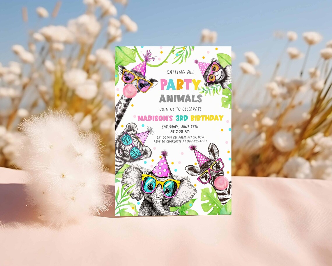 Watercolor Safari Birthday Invitation Calling All Party Animals ...