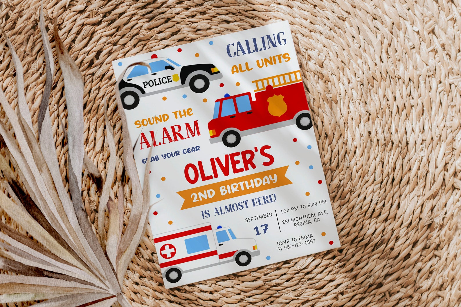 Editable Emergency Vehicles Birthday Invitation First Responders Party ...