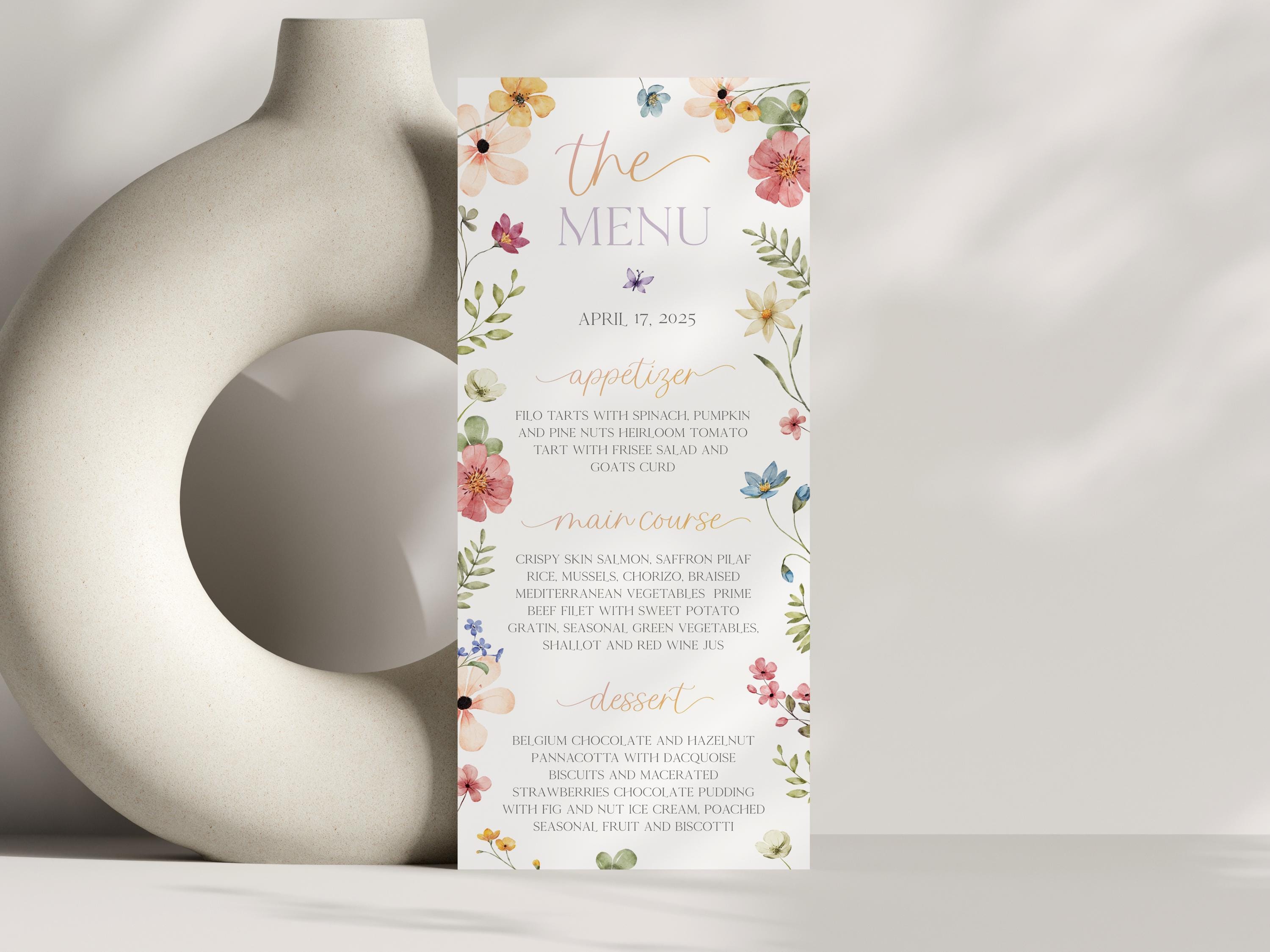 Wildflower Menu Card Wild Flower Menu Card Baby Shower Event Menu Card ...
