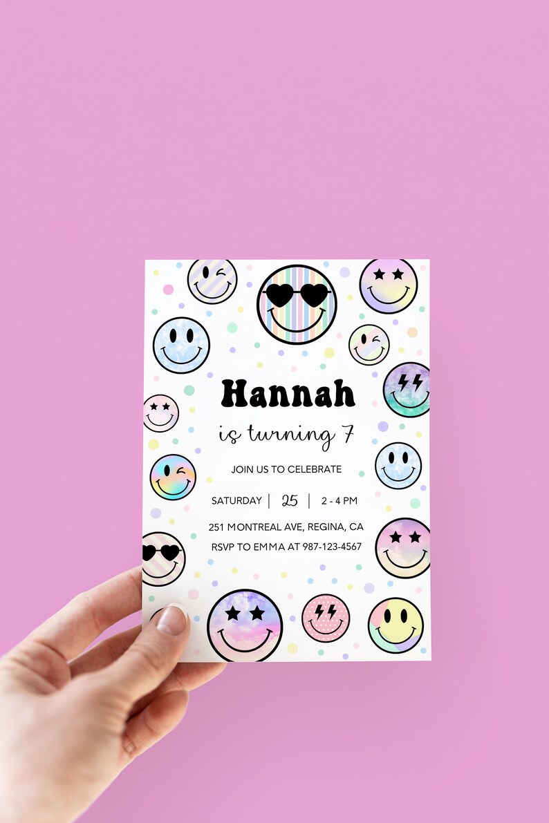 Editable Pastel Smiley Face Birthday Invitation Template Girl's Rainbow ...
