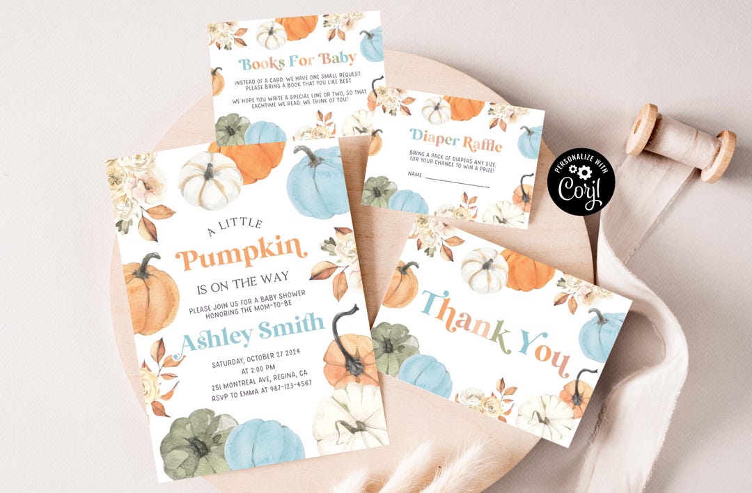 Blue Pumpkin Baby Shower Set Little Pumpkin Boy Pumpkin Invite Fall ...
