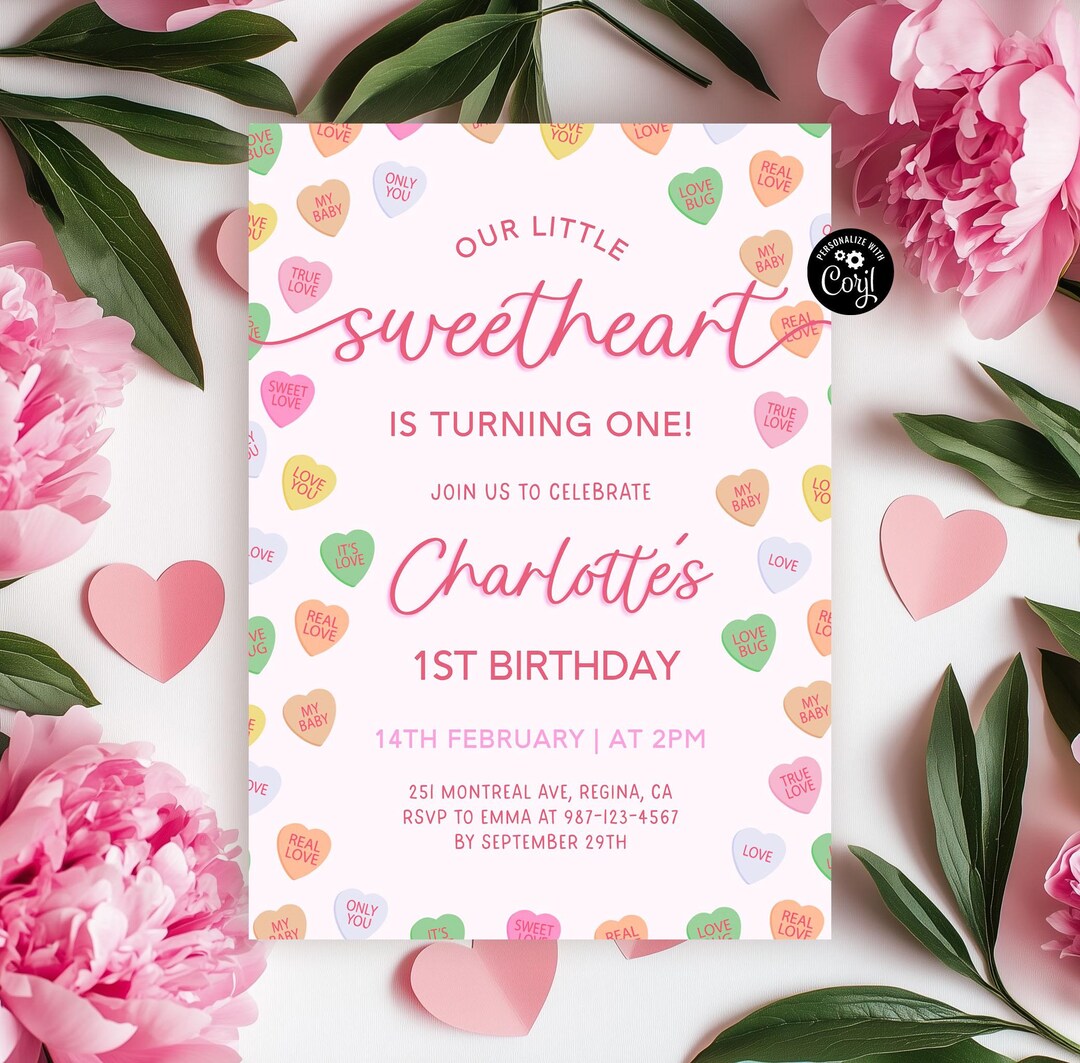 Editable Sweetheart Candy Hearts Birthday Invitation Conversation ...