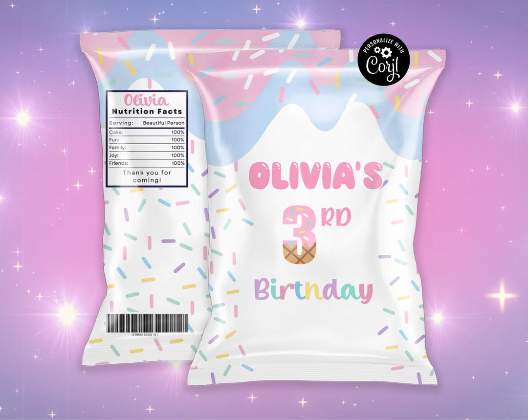 Editable Ice Cream Birthday Chip Bag Wrapper Template Three Scoops of ...