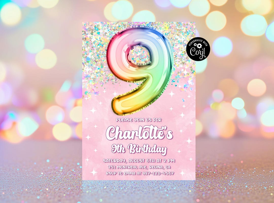 Editable Pink 9th Birthday Invitation Template Glitter Birthday Party ...