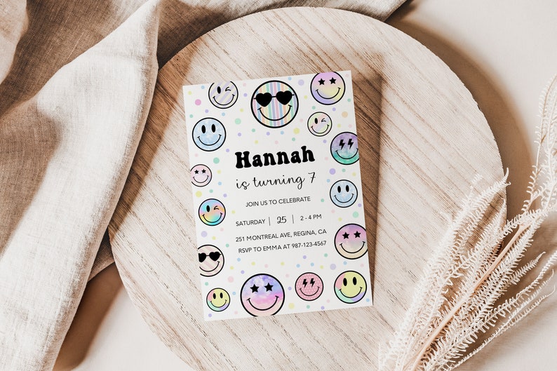 Editable Pastel Smiley Face Birthday Invitation Template Girl's Rainbow ...