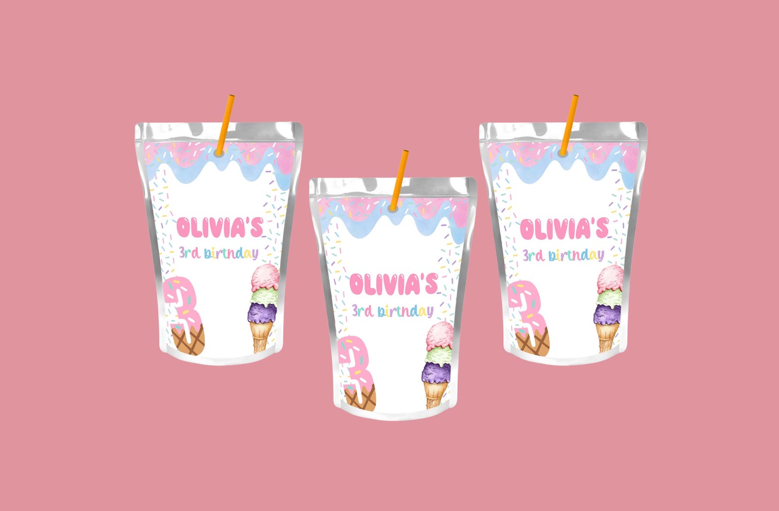 Editable Ice Cream Birthday Capri Sun Label Three Scoops of Fun 3rd ...