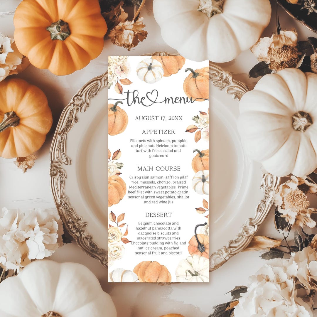 Fall Menu Template Floral Pumpkin Baby Shower Menu Brunch Menu Card ...