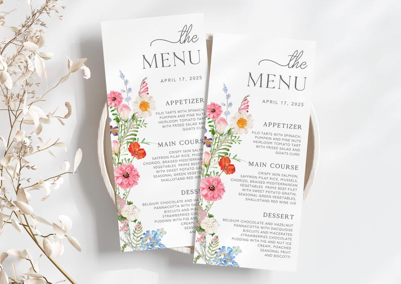 Wildflower Menu Card Template Wild Flower Menu Card Baby Shower Menu ...